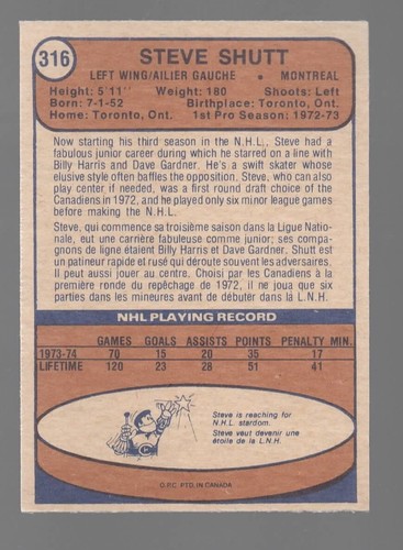 1974-75 O-Pee-Chee #316 Steve Shutt MONTREAL Canadiens HOF Rookie EX-MT ...