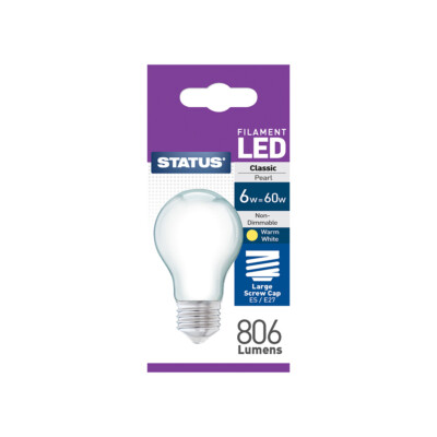 6w = 60w = 806 lumens - Filament LED - A60 GLS - ES - Pearl - Warm ...