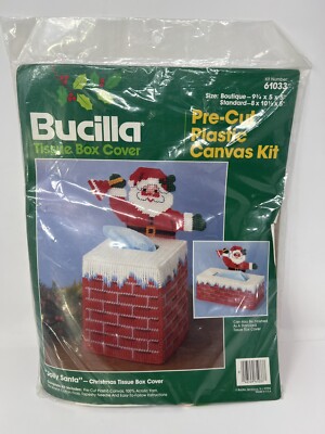 Vtg Bucilla Jolly Santa Chimney Christmas Plastic Canvas Tissue Box ...