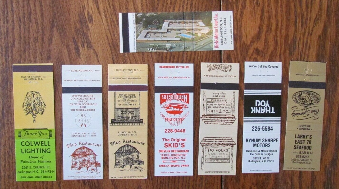 BURLINGTON, NORTH CAROLINA: LOT OF 8 DIFFERENT EMPTY MATCHBOOK ...