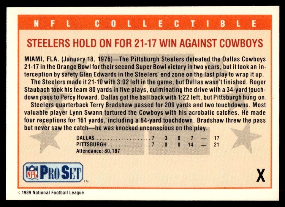 1989 Pro Set Super Bowl Logos Super Bowl X Pittsburgh Steelers/Dallas ...