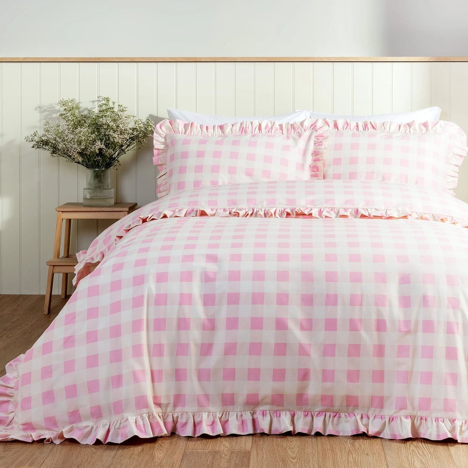 Chelsea Peers Pink & white ruffle Check Duvet Cover Set Cotton NEW ...