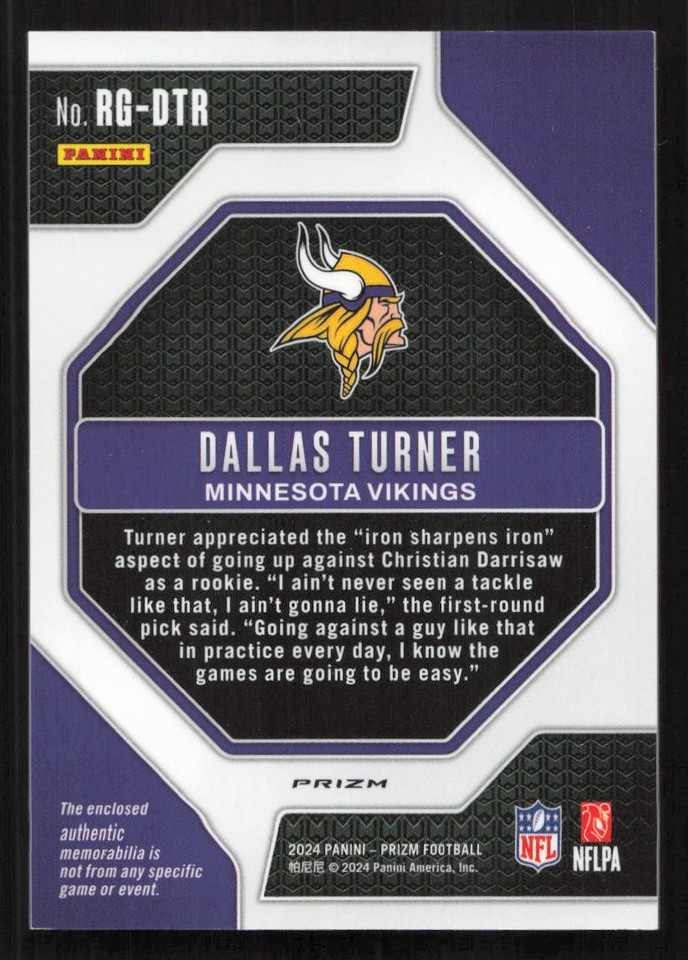 2024 Panini Prizm Dallas Turner Rookie Gear MEM Jersey Relic #RG-DTR ...