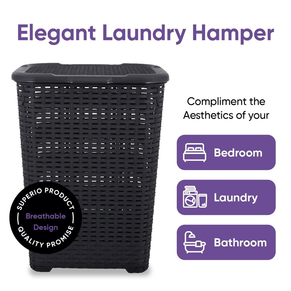 Large Plastic Wicker Laundry Hamper with Lid and Handles-Black (60 ...