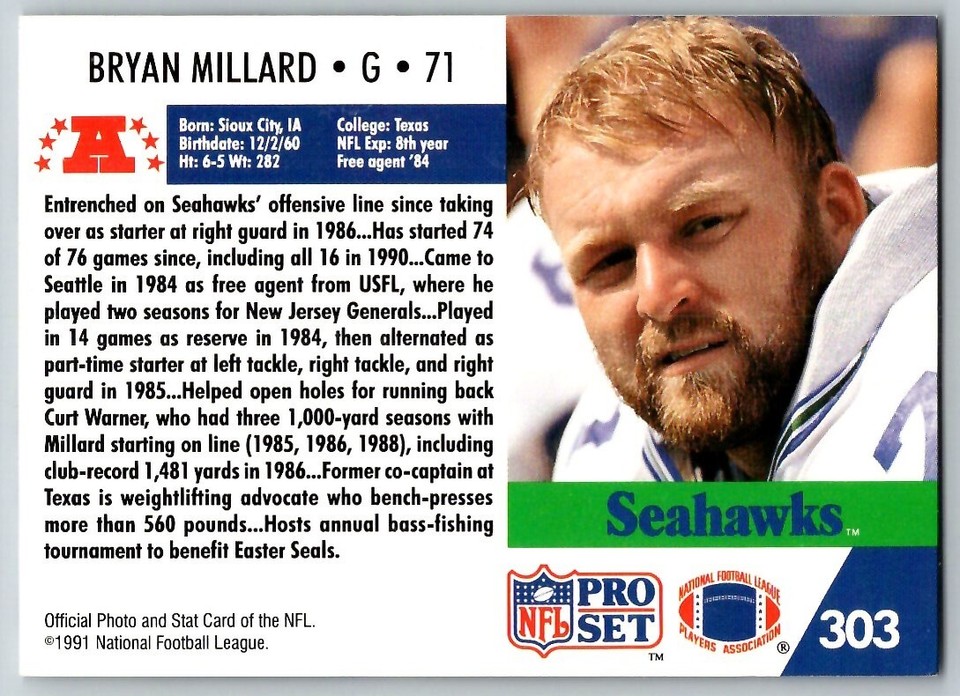 1988 NFL PRO SET BRYAN MILLARD SEATTLE SEAHAWKS #71 | eBay