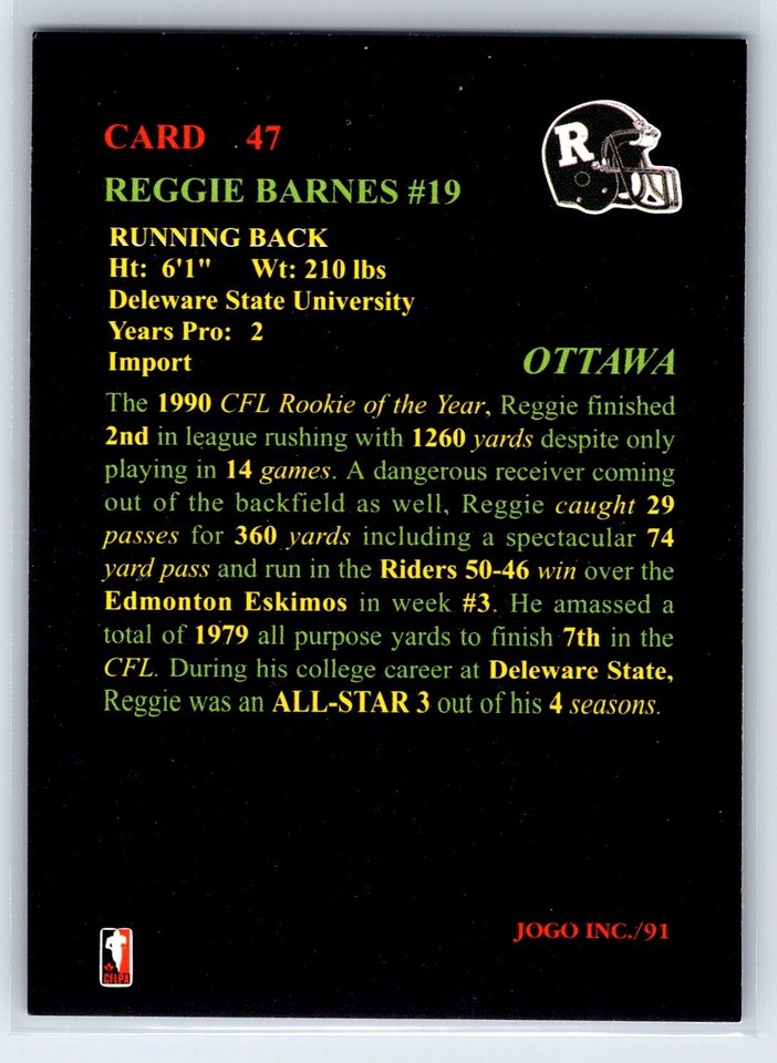 1991 JOGO CFL Reggie Barnes Ottawa Rough Riders #47 | eBay