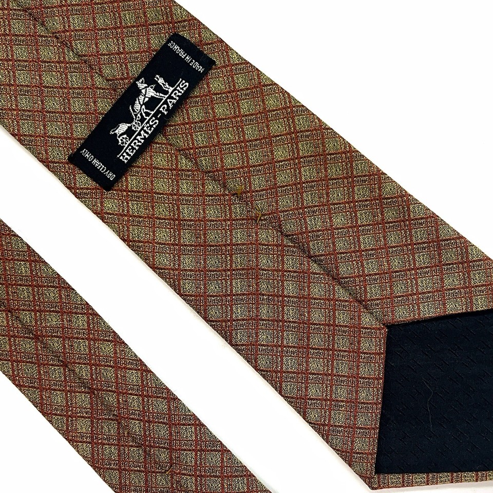 HERMES Geometric pattern tie Textured Heavy Silk Logo Brown | eBay