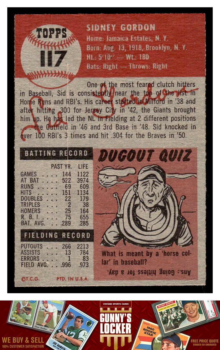 1953 Topps Sid Gordon 117 Boston Braves | eBay