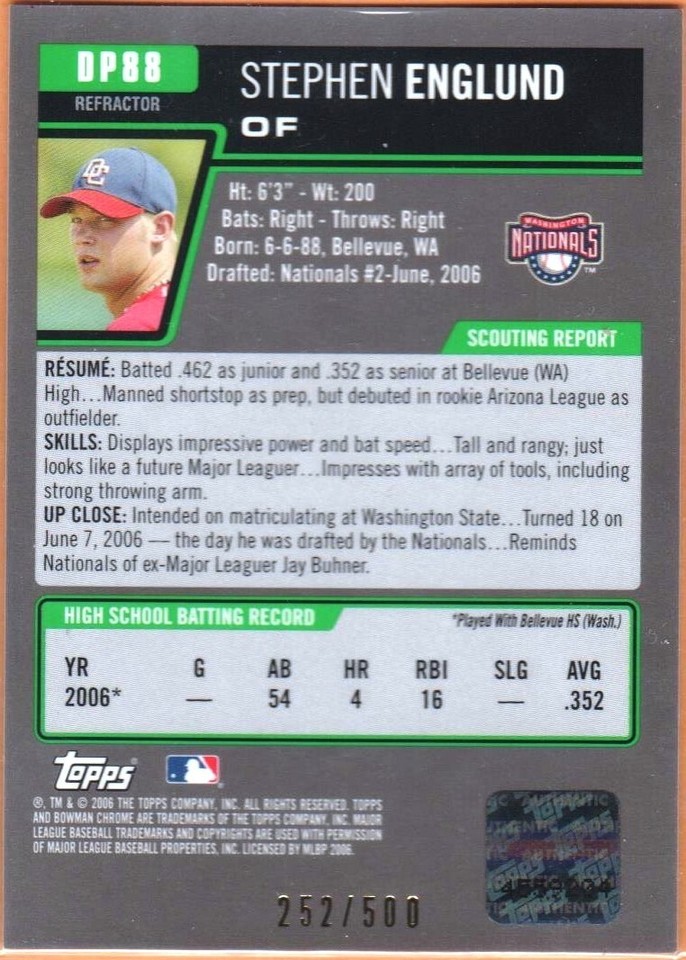 2006 BOWMAN CHROME DRAFT DRAFT PICKS REFRACTORS STEPHEN ENGLUND RC AUTO ...