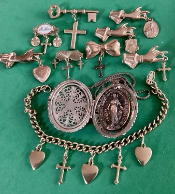 Vintage Catholic Brooch Pins Religious Christian Cross Locket Saints ...