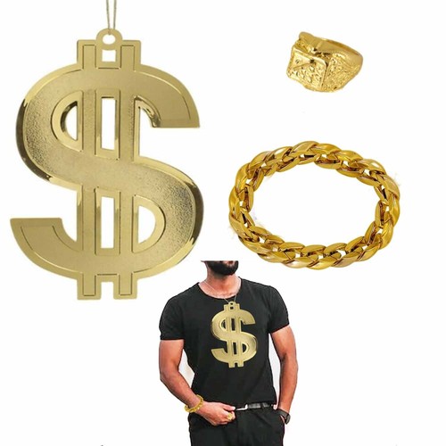 3pcGangster Rapper Gold Pimp Dollar Chain Ring Set Halloween Fancy ...