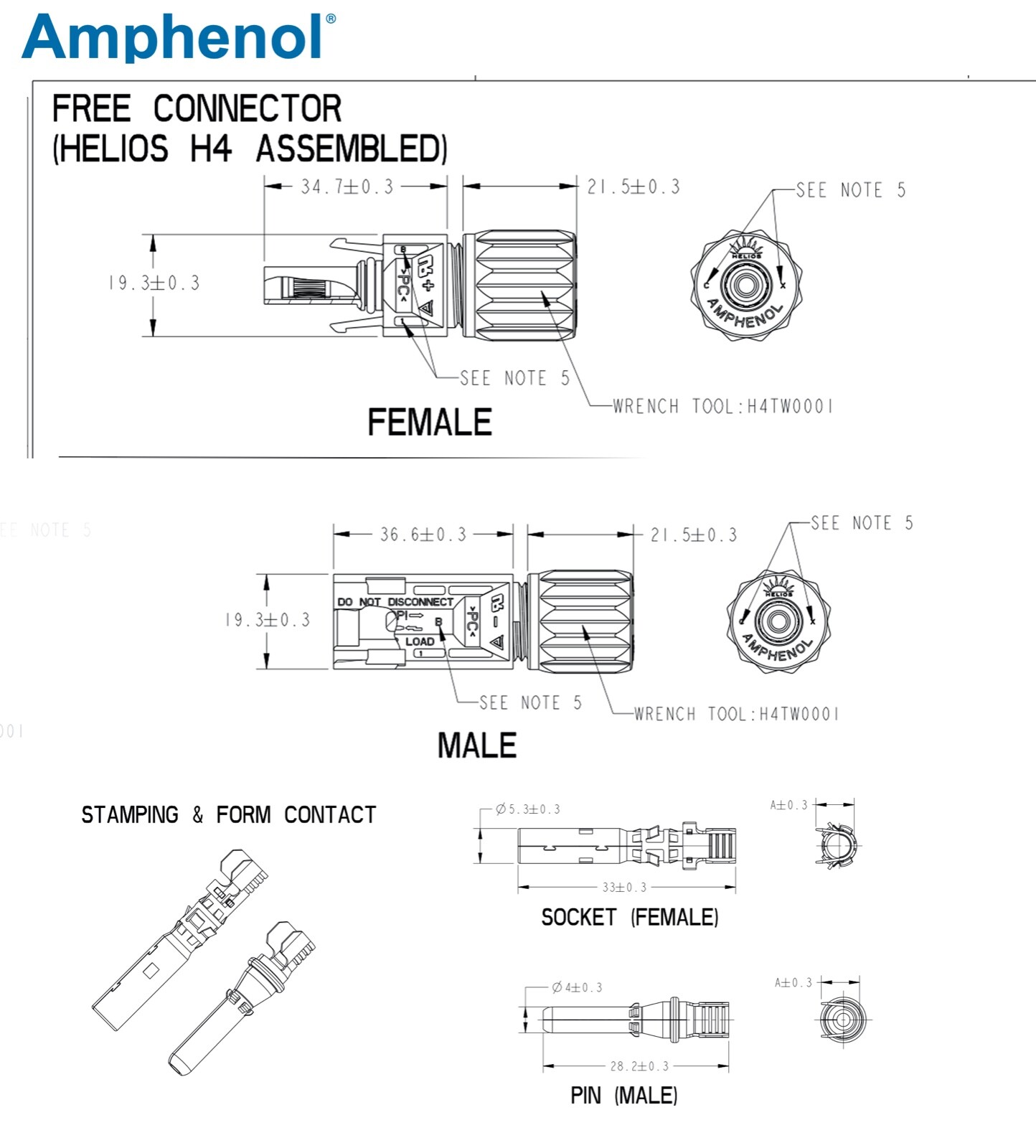 Amphenol H4CMC6DI Helios H4 PV Connector With Boot 10 AWG Male (-) for ...
