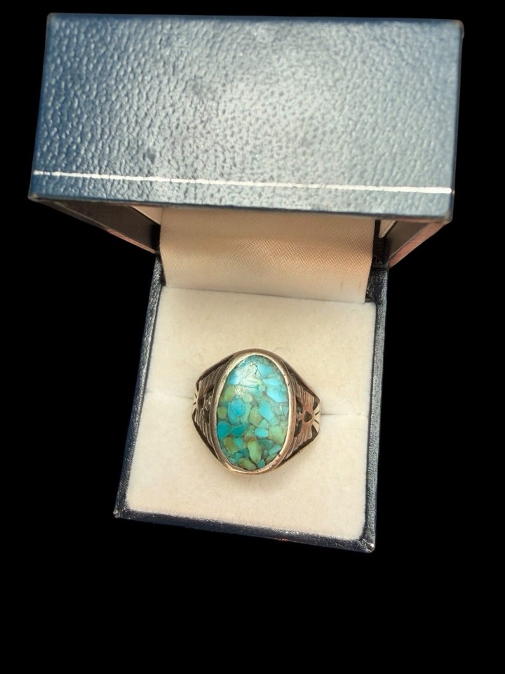 Vintage Native American Sterling Thunderbird Turquoise Chip Inlay Ring ...