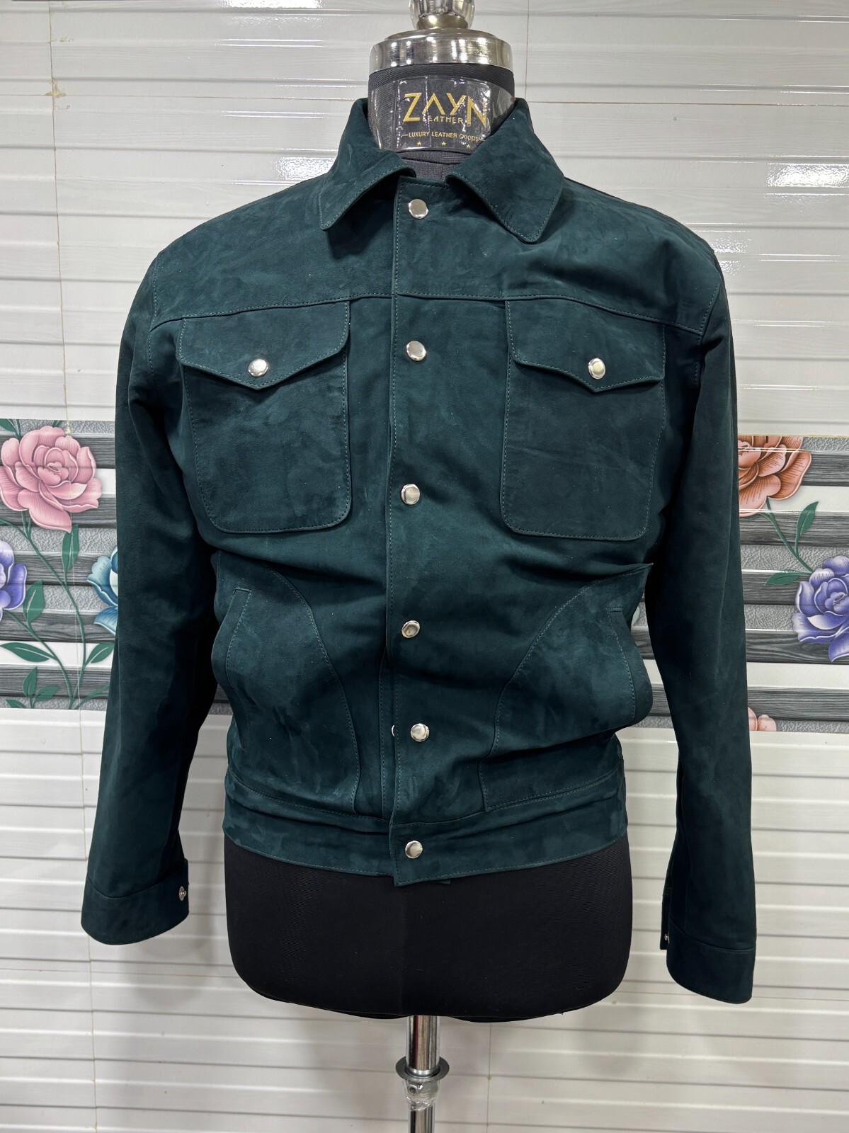 Men 100% Pure Suede Leather Green Trucker Jacket Moto Biker Party/Club ...