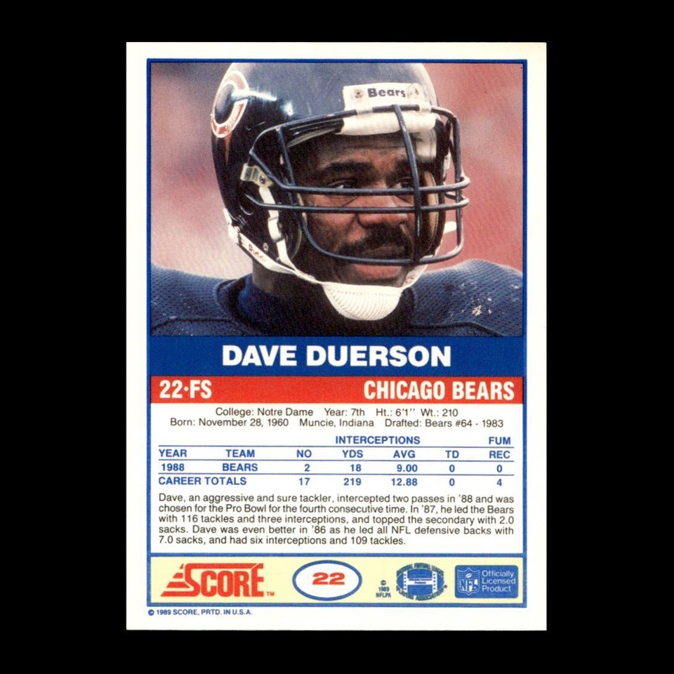 Dave Duerson 1989 Score Chicago Bears #22 R329M 94 | eBay