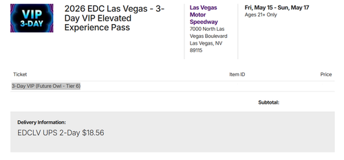 EDC Las Vegas 2026 3 DAY VIP Ticket May 15-17 (WILL SHIP UPON ARRIVAL ...