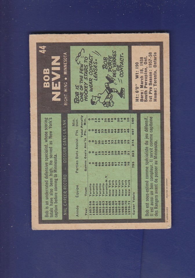 Bob Nevin 1971-72 O-PEE-CHEE OPC NHL Hockey #44 (VGEX) Minnesota North ...
