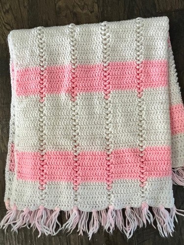 Soft Cuddly White Pink Crocheted Girl Baby Blanket Crib Handmade 42” X ...