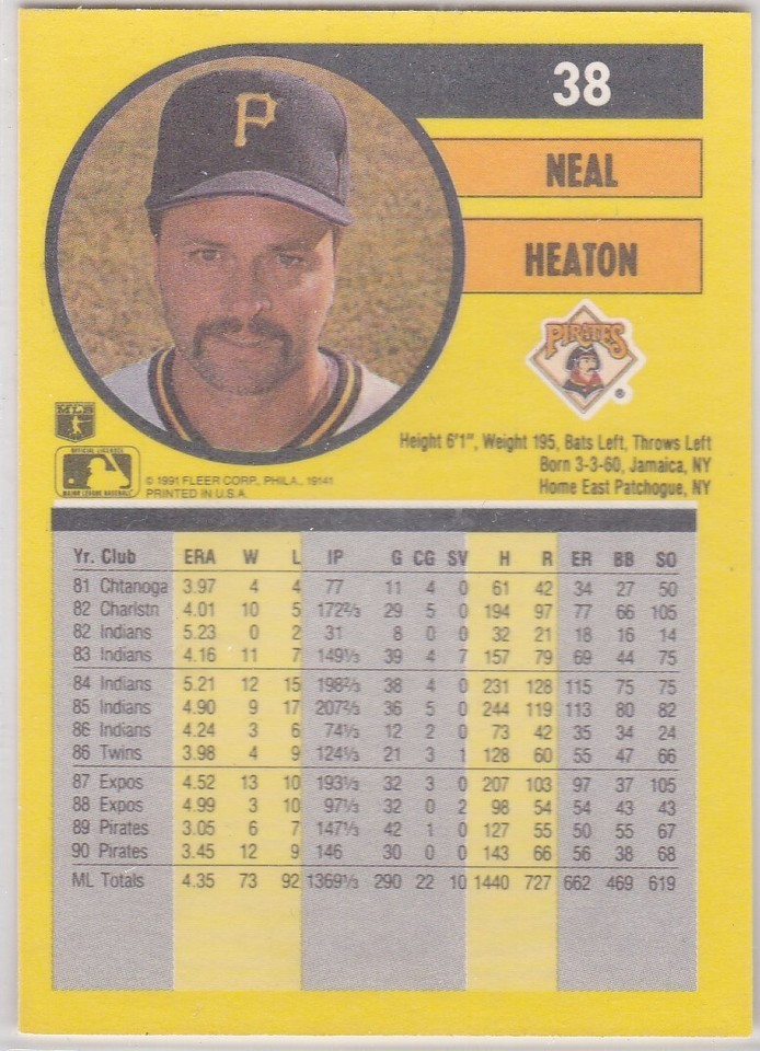 M) 1991 Fleer Baseball Trading Card - Neal Heaton #38 | eBay