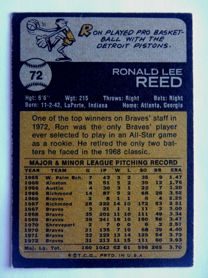 Ron Reed #72 Topps 1973 Baseball Card (Atlanta Braves) VG | eBay