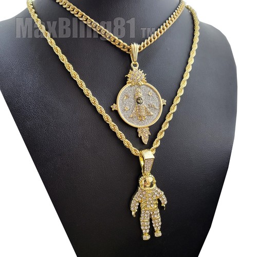 Gold Plated Alloy Cubic Zirconia Takeoff & Astronaut & Cuban Rope Chain ...