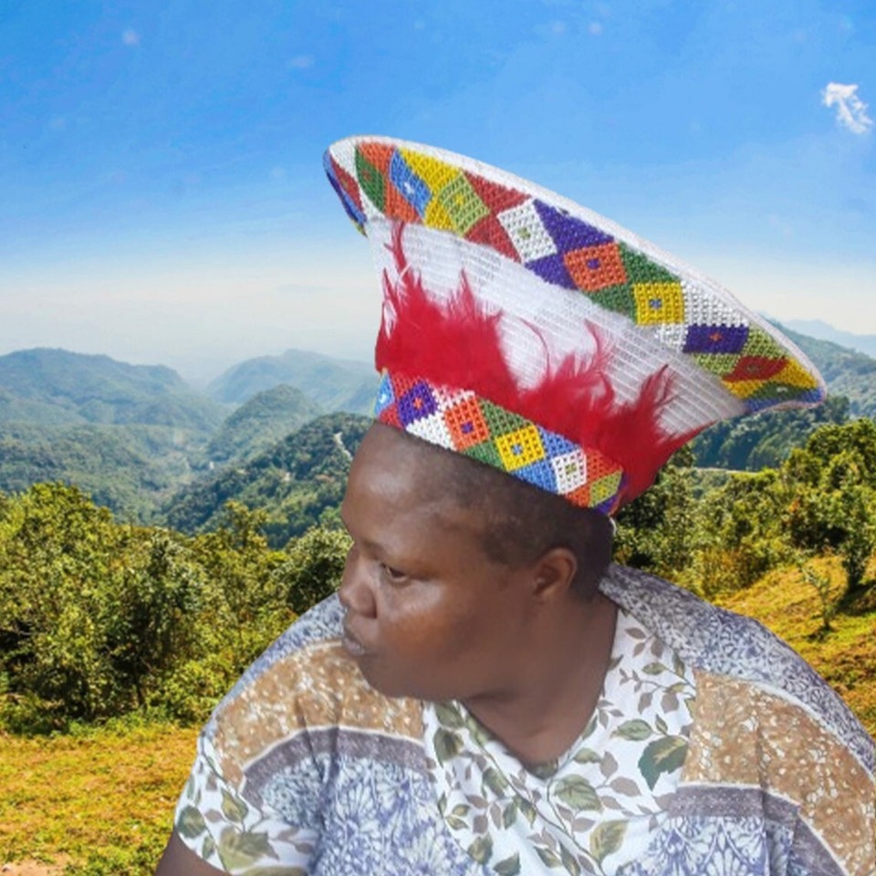 Traditional White Zulu Isicholo Hat with Multicolored Beadwork & Red ...
