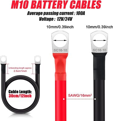 2Pcs 30cm Battery Inverter Cable 5Awg/16Mm 12V Battery Cable Black ...