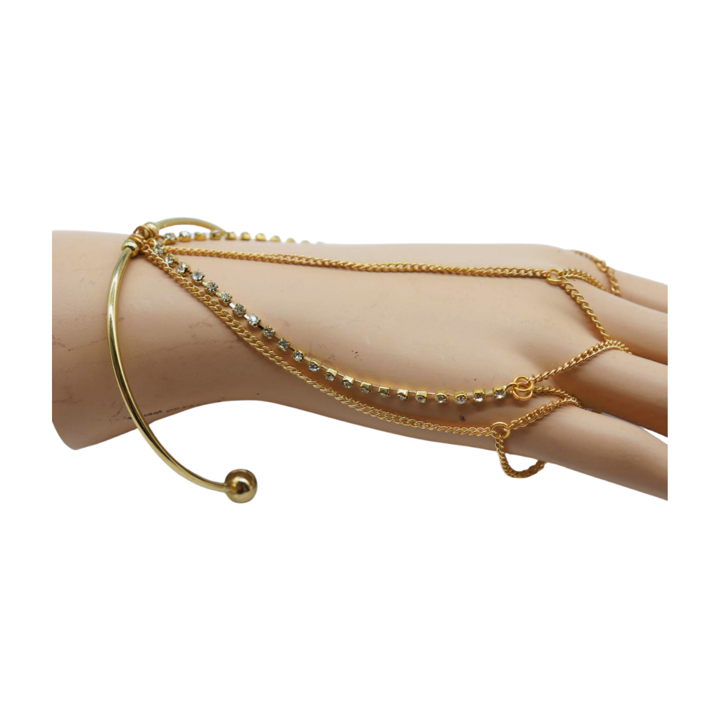 Women Gold Metal Cuff Bracelet Hand Chain Bling Ring 4 Fingers ...