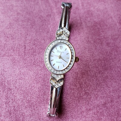 Watch Details Diamond Silver Gold Two Tone Rhinestone Bangle Bracelet ...