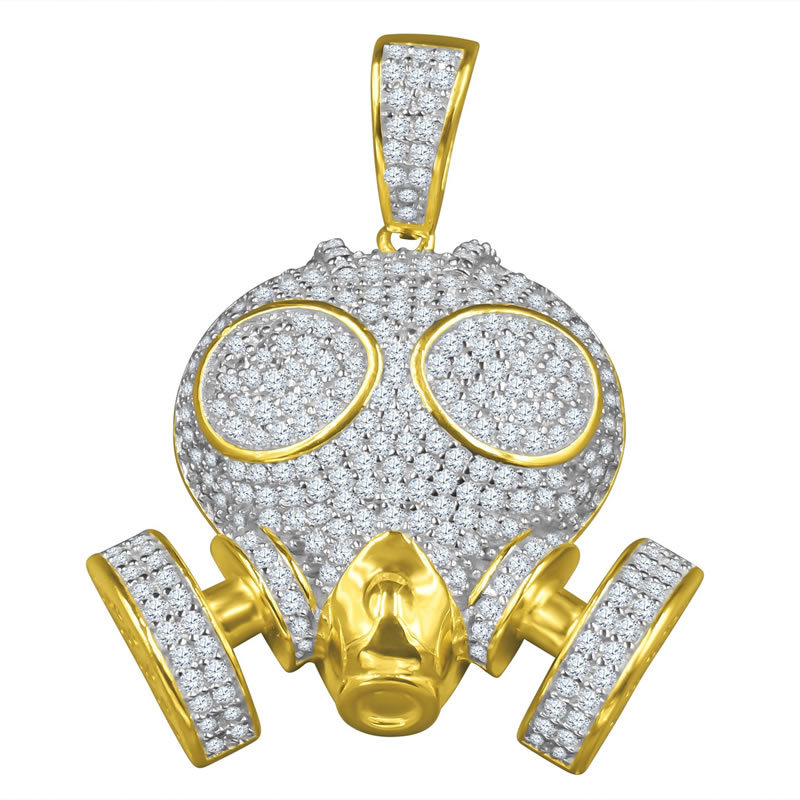 Mens Yellow Gold On Real Silver Iced 3D Gas Mask Pendant Charm | eBay