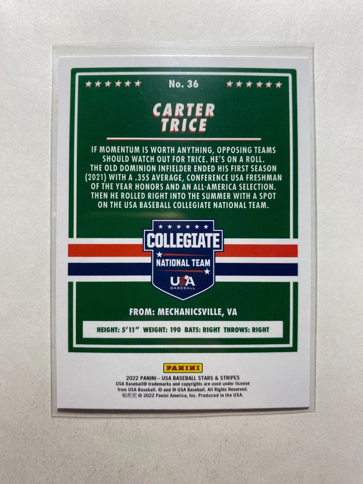 Carter Trice 2022 Panini Stars & Stripes USA Baseball #36 Card | eBay