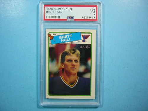 1988/89 O-PEE-CHEE NHL HOCKEY CARD #66 BRETT HULL ROOKIE RC PSA 7 NM ...