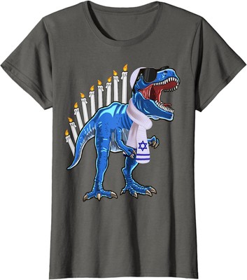 Menorasaurus Rex T Rex Dinosaur Hanukkah Gift Ladies' Crewneck T-Shirt ...
