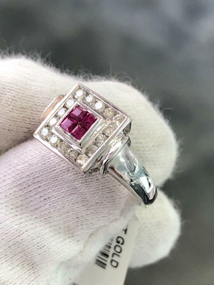 14k White Gold Genuine Diamonds Red Ruby Halo Design Princess Cut Ring ...
