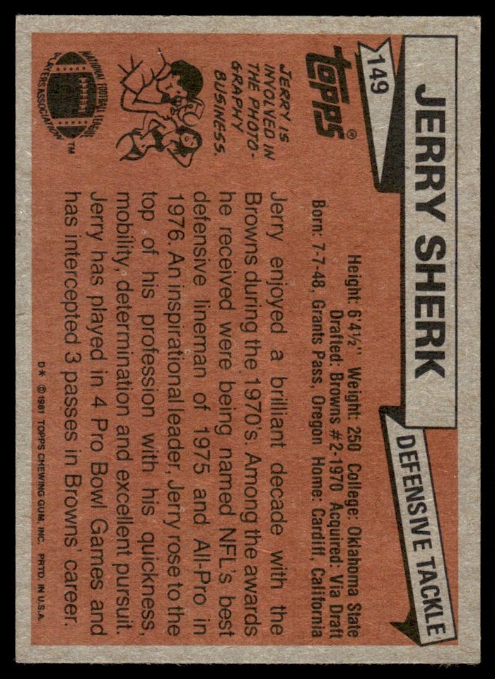 1981 TOPPS JERRY SHERK CLEVELAND BROWNS #149 | eBay