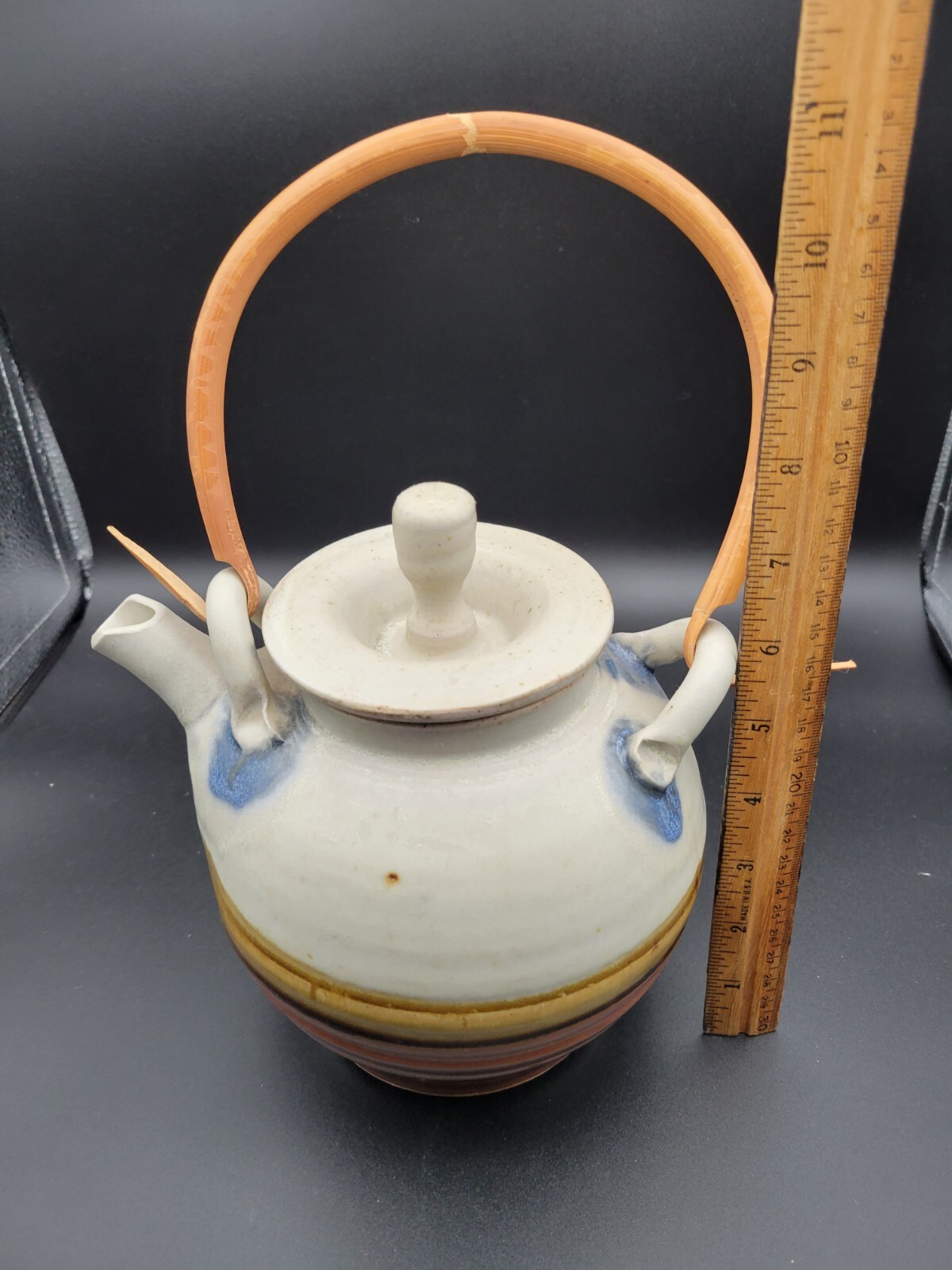 Studio Art Pottery Teapot Rob Grimes "Praise God Rob" Blue Tan Bamboo ...