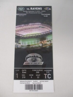 NEW YORK JETS vs BALTIMORE RAVENS TOUCHDOWN CLUB TICKET SEPT 13, 2010 ...