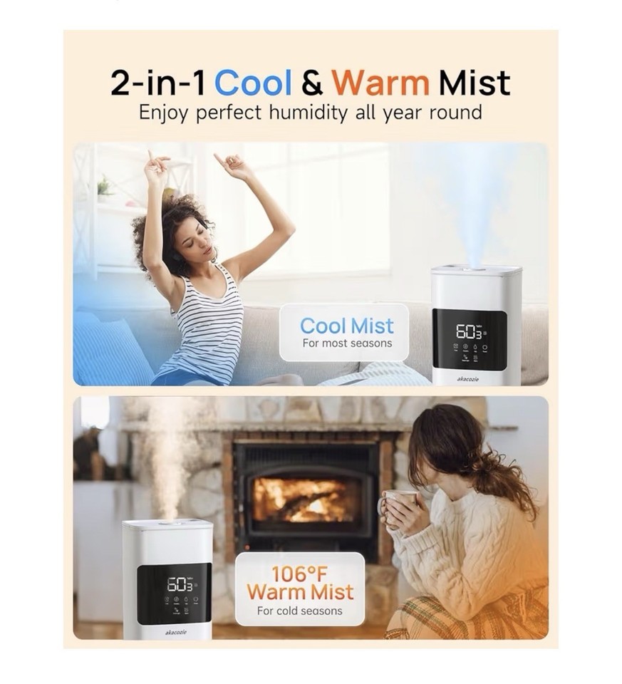 Warm & Cool Mist Humidifiers for Bedroom 500 sq ft, 2.1Gal/8L Top-Fill ...