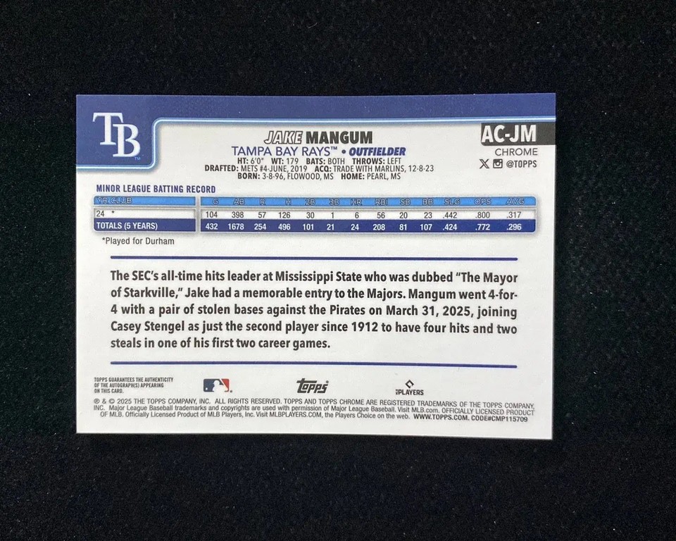 2025 Topps Chrome #AC-JM Jake Mangum RC Rookie Auto Rays LXXB | eBay