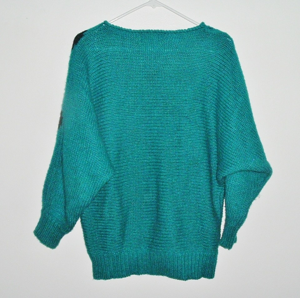 1980s Adolfo Collectibles Turquoise & Black Batwing Sweater Love Symbol ...