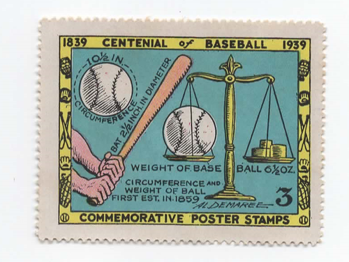 1939 CENTENNIAL OF BASEBALL STAMP #3 "WEIGHT OF A BASEBALL" ORIGINAL AL ...