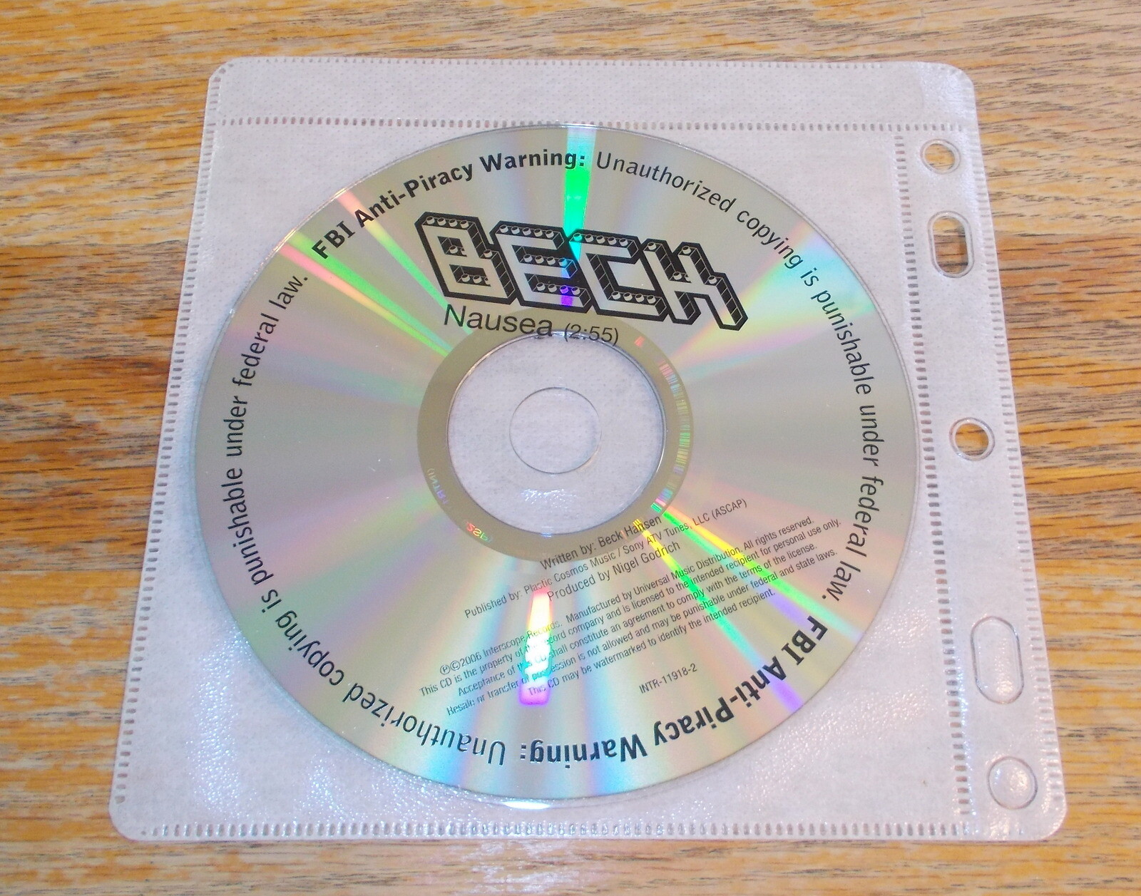 Beck Hansen Nausea Promotional Compact Disc CD 2006 Interscope INTR ...