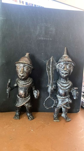 2 African Benin Warrior Guard Statues Figure Bronze? Tribal Nigeria | eBay