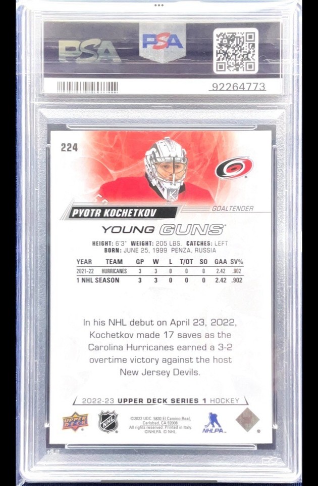 PYOTR KOCHETKOV RC 2022-23 UD Series 1 Young Guns PSA 9 Hurricanes CAR ...
