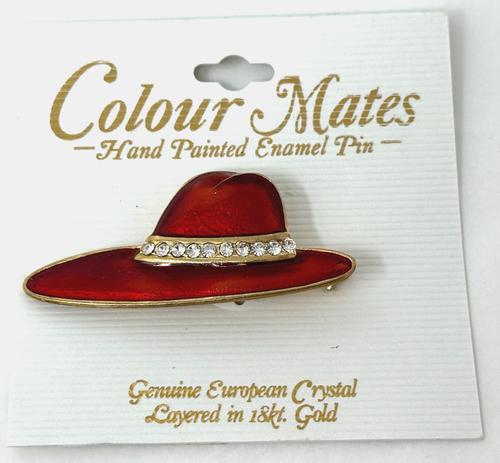 18kt Gold-Plated Red Enamel Clear Crystal RED HAT Brooch Pin on Card | eBay