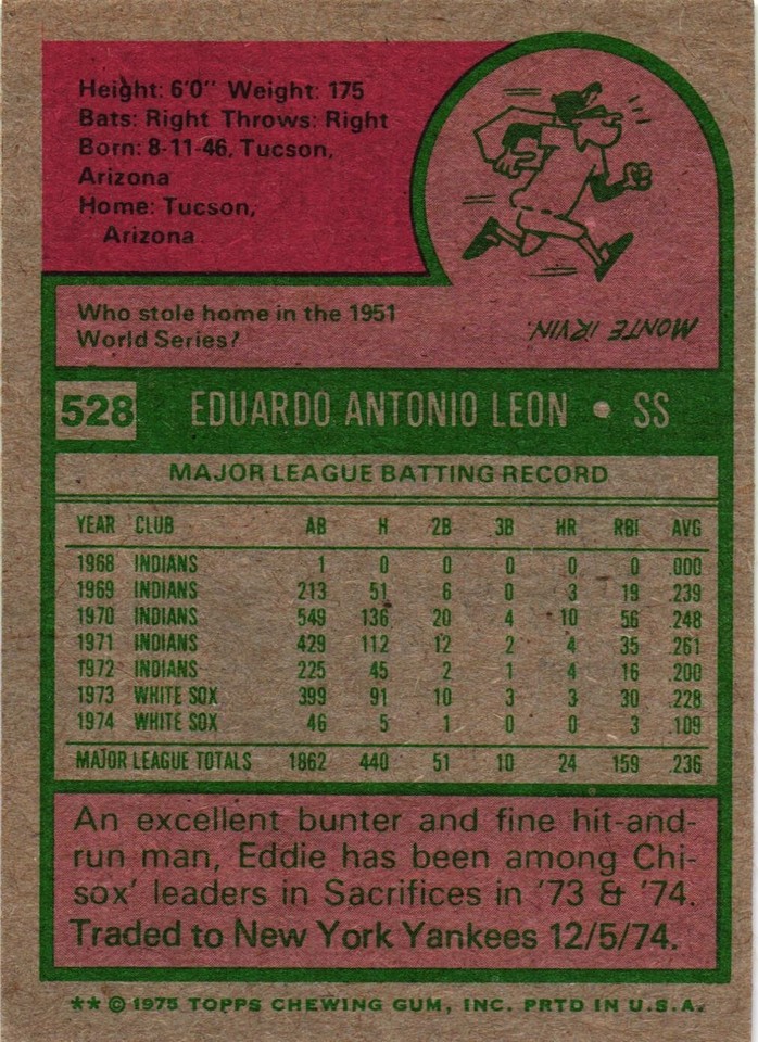 Eddie Leon #11 Signed 1975 Topps MLB Baseball Card AUTO White Sox | eBay