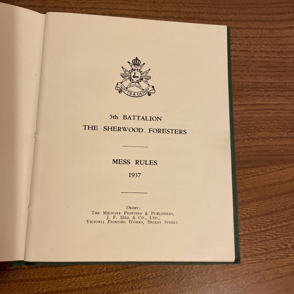 5th Battalion SHERWOOD FORESTERS Mess Rules 1937 British Army Military ...