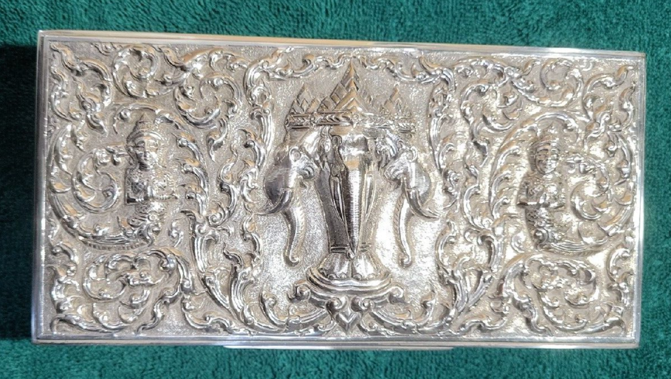Antique Sterling Silver Cigar Box, Buddha Relief Elephant Topper, Siam ...
