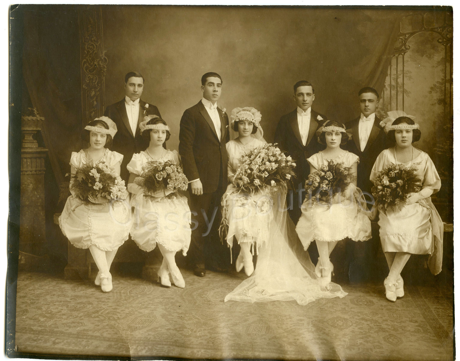 9" Antique Sepia Photo Seated Bride Bridesmaids Flowers Bouquet Groom ...