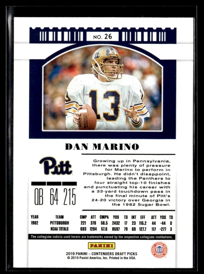 2019 Panini Contenders Draft Picks Collegiate #26 Dan Marino Card 1103A ...